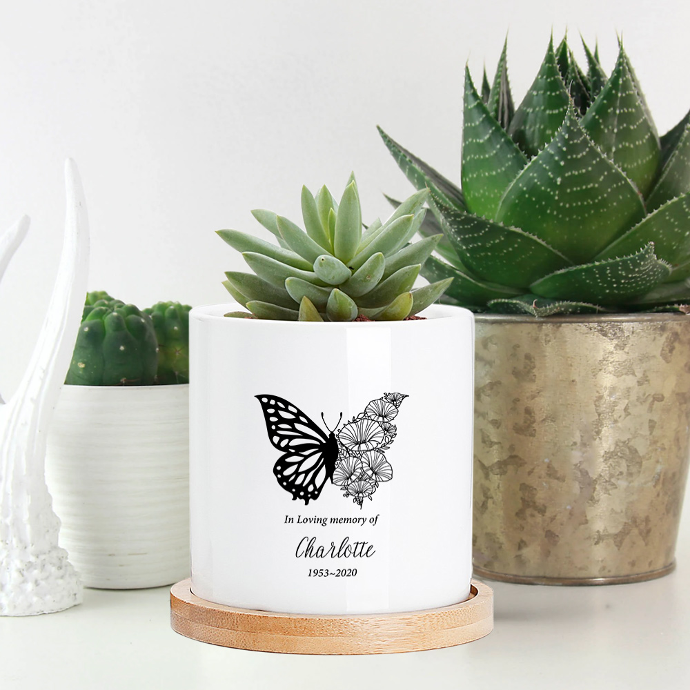Personalized Memorial Succulent Pot, Butterly Memorial Keepsake, Birth Flower Planter - CALLIE