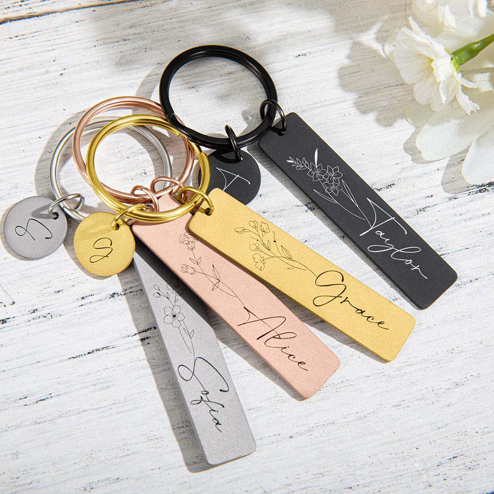 Personalized Birth Flower Keychain, with Custom Name, Gift For Her - CALLIE