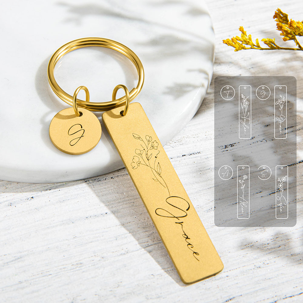Personalized Birth Flower Keychain, with Custom Name, Gift For Her - CALLIE