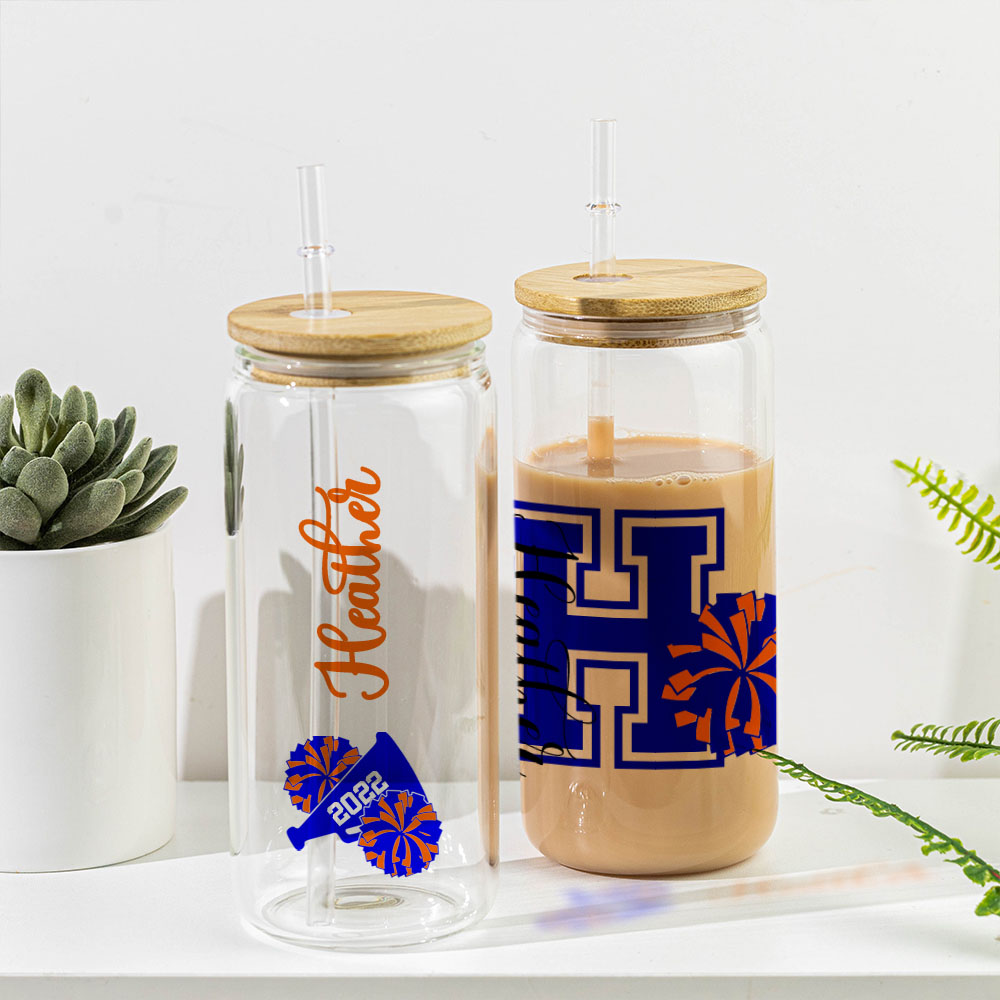 Personalized Cheer Drinking Glass with Megaphone and Pom Poms Gift for ...