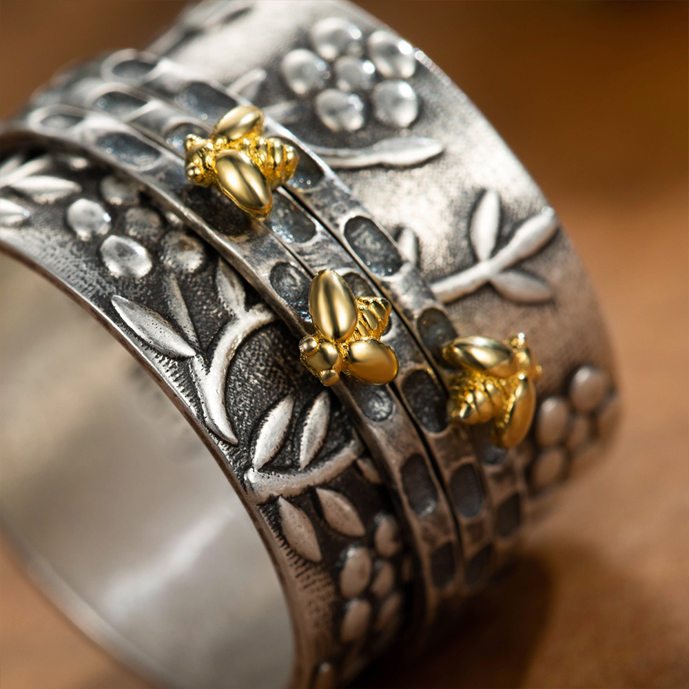 Personalised Bee Floral Flower Ring Meditation Spinning Wide Band ...