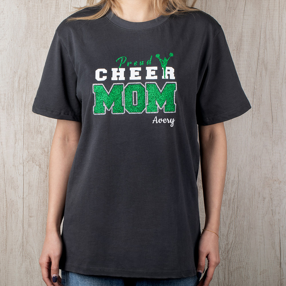 Personalized Glitter Proud Cheer Mom Short Sleeve T-shirt with Name ...