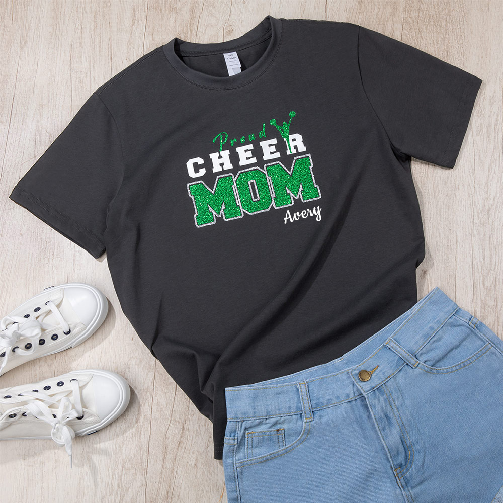 Personalized Glitter Bow Proud Cheer Mom 100% Cotton Short Sleeve T ...