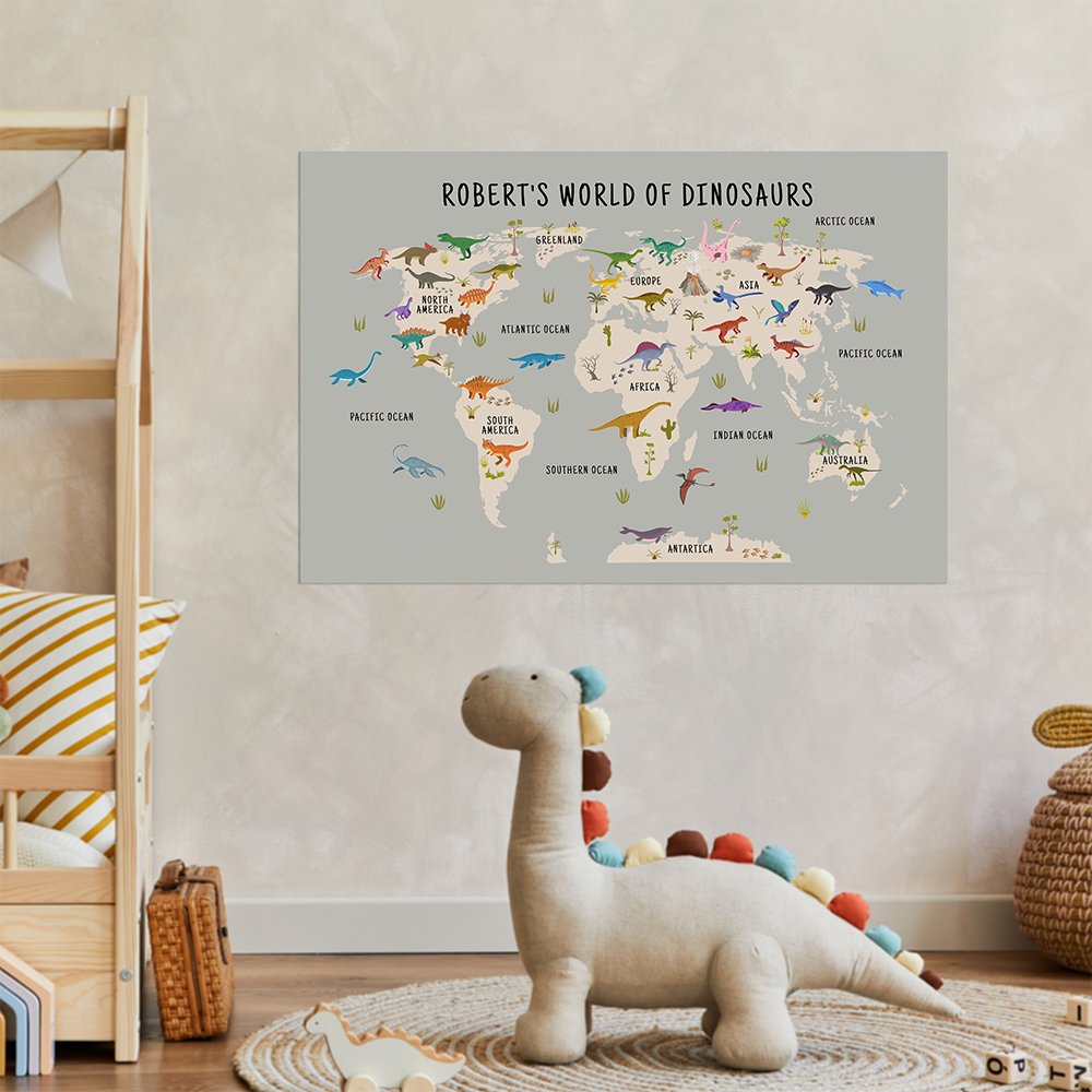 Personalized Dinosaur World Map Wall Art Kids Educational Poster Print ...