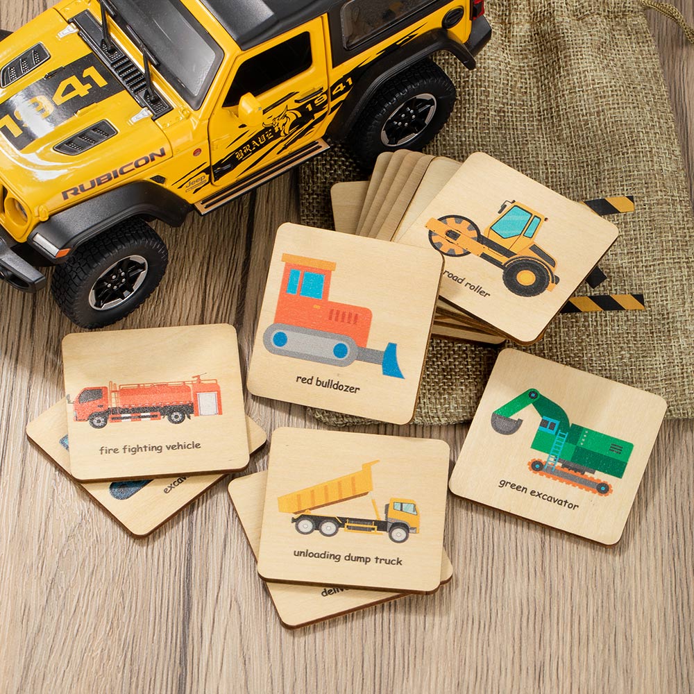 Personalized Wooden Montessori Construction Truck Matching Cards 16 Pcs ...