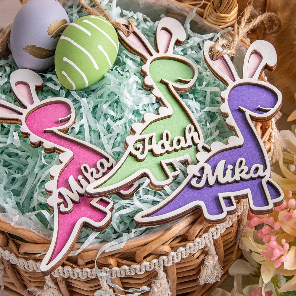 Personalized Cute Dinosaur with Bunny Ears Wooden Easter Basket Name ...
