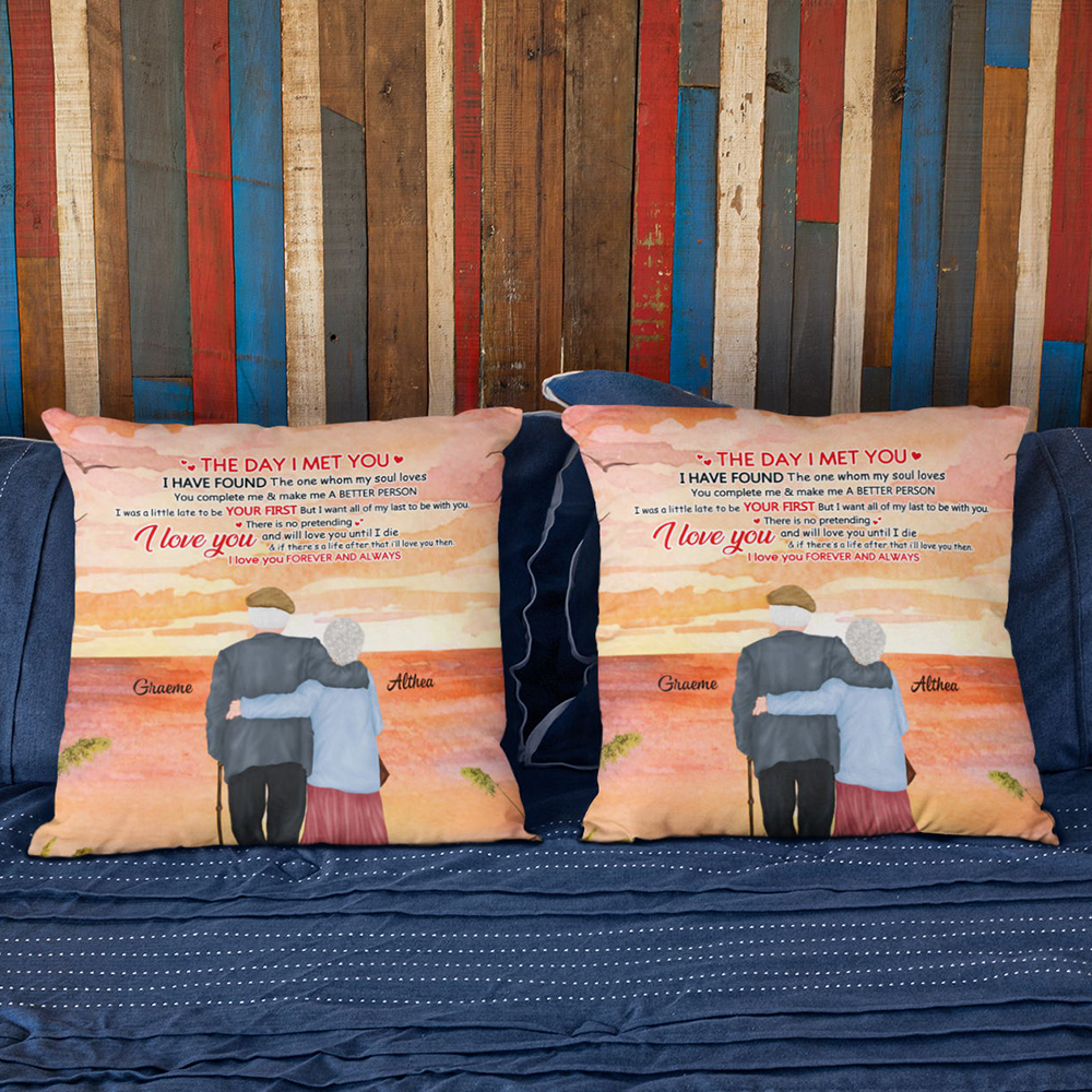 Personalized The Day I Met You Sunset Old Couple Walking Throw Pillow ...