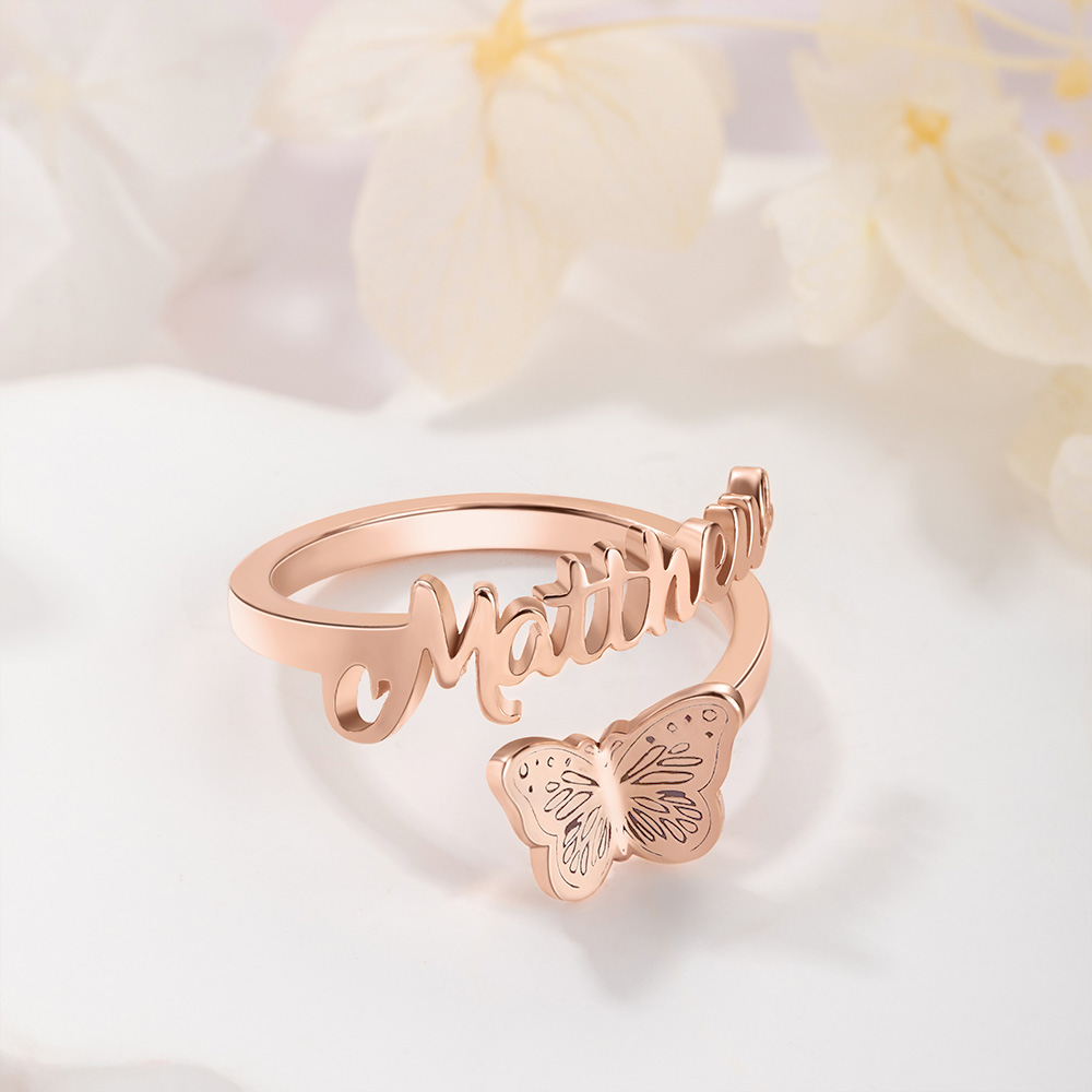 Personalized Birthstone and Birth Month Butterfly Name Ring - CALLIE