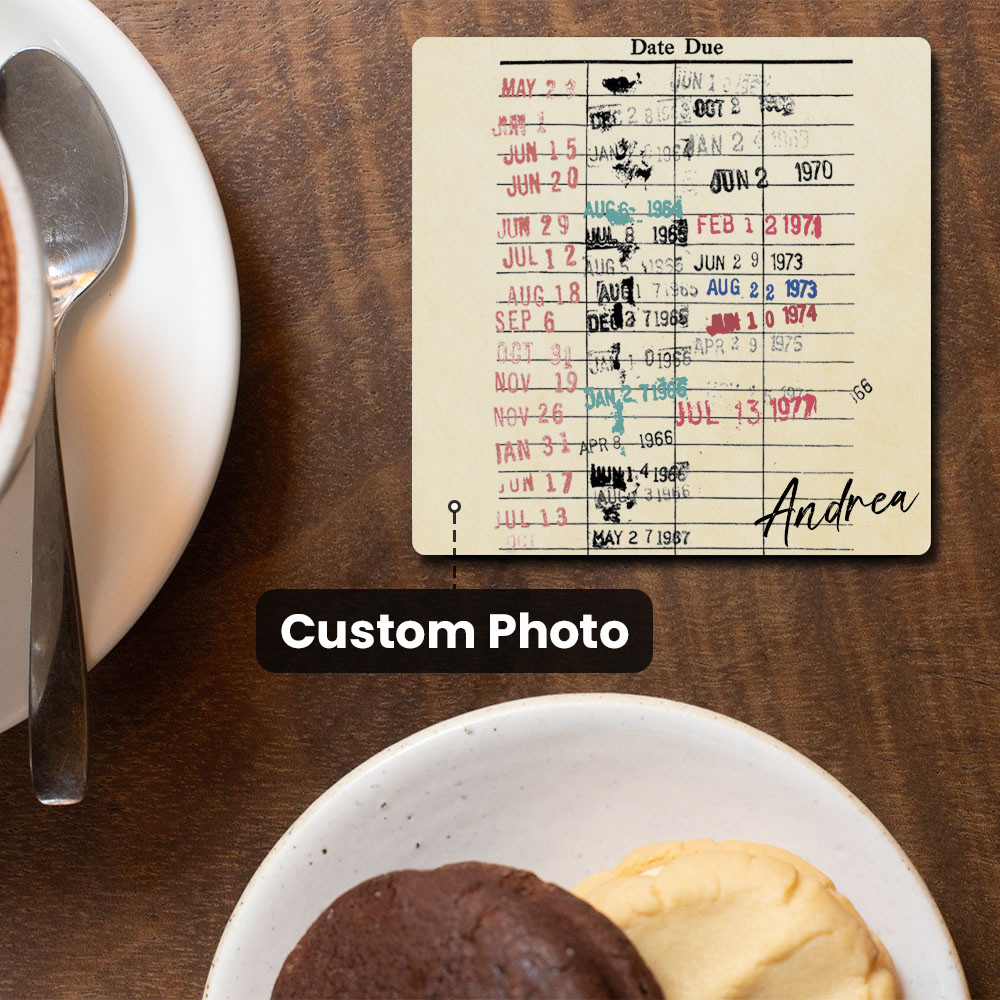 Personalized Vintage Date Due Card Coffee Mug Coaster for Readers ...