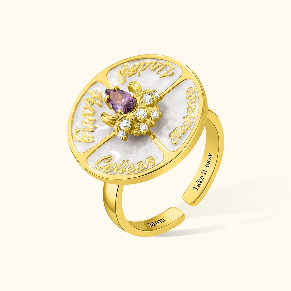 Personalized Spinner Round Wheel Fidget Ring with Birthstone and Names ...
