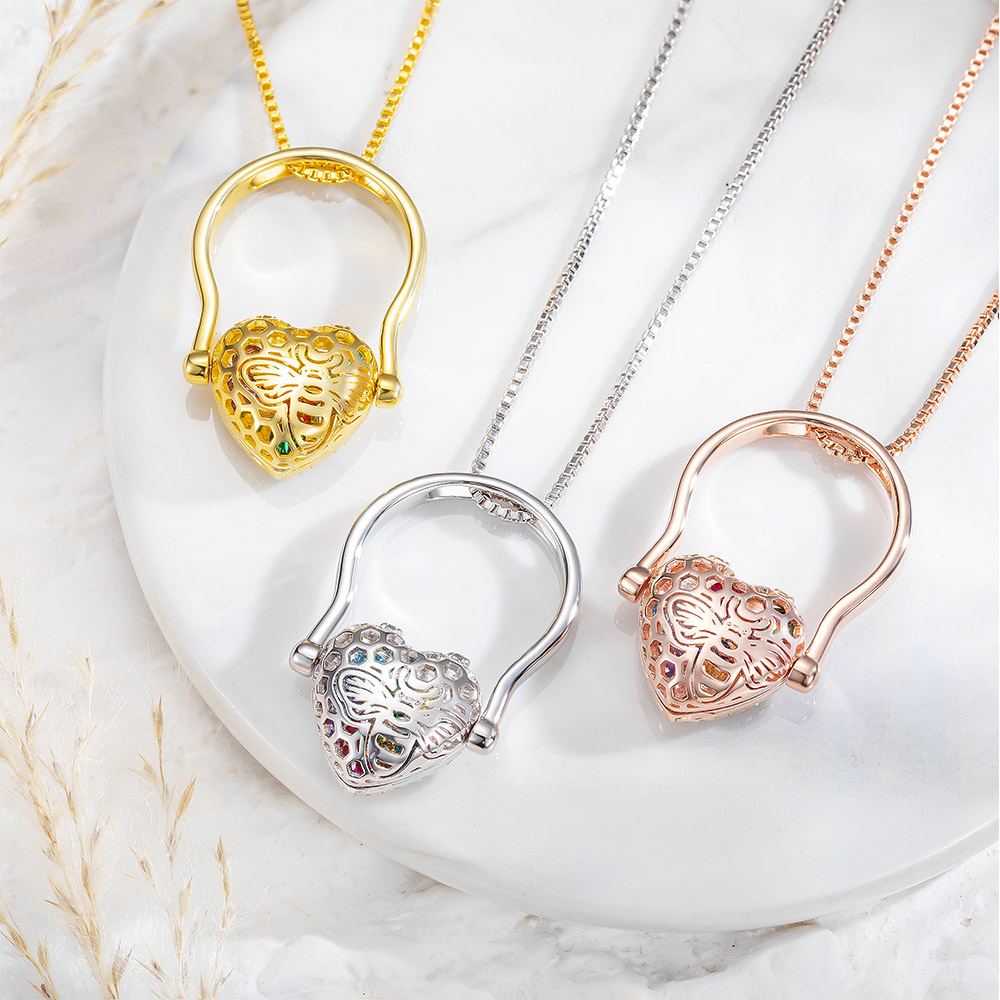 Personalized Love Bee Honeycomb Gemstone Photo Pendant Ring Necklace ...