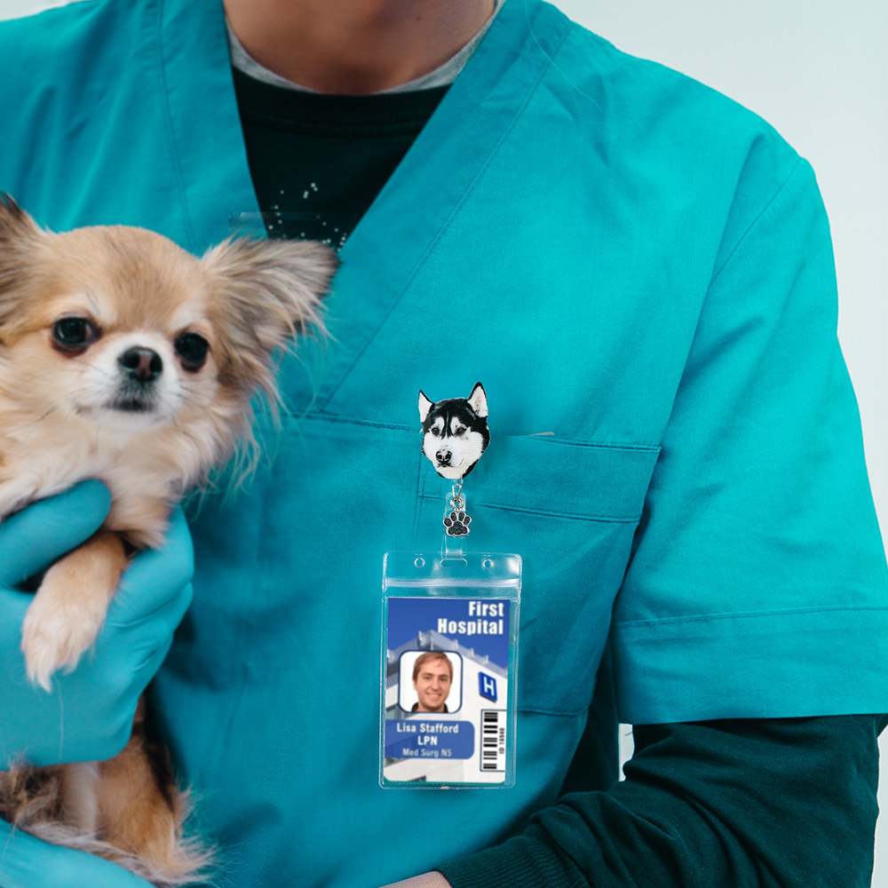 Personalized Painting Style Pet Portrait Badge Reel with Glitter Paw ...