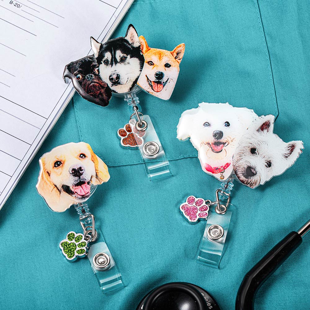 Personalized Painting Style Pet Portrait Badge Reel with Glitter Paw ...