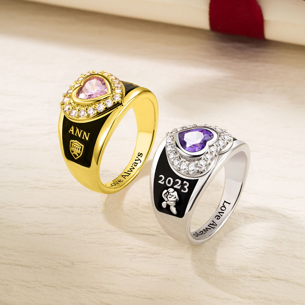 Personalized Sterling Silver Women Class Ring with Heart Birthstone for ...