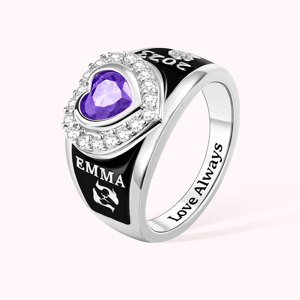 Personalized Sterling Silver Women Class Ring with Heart Birthstone for ...