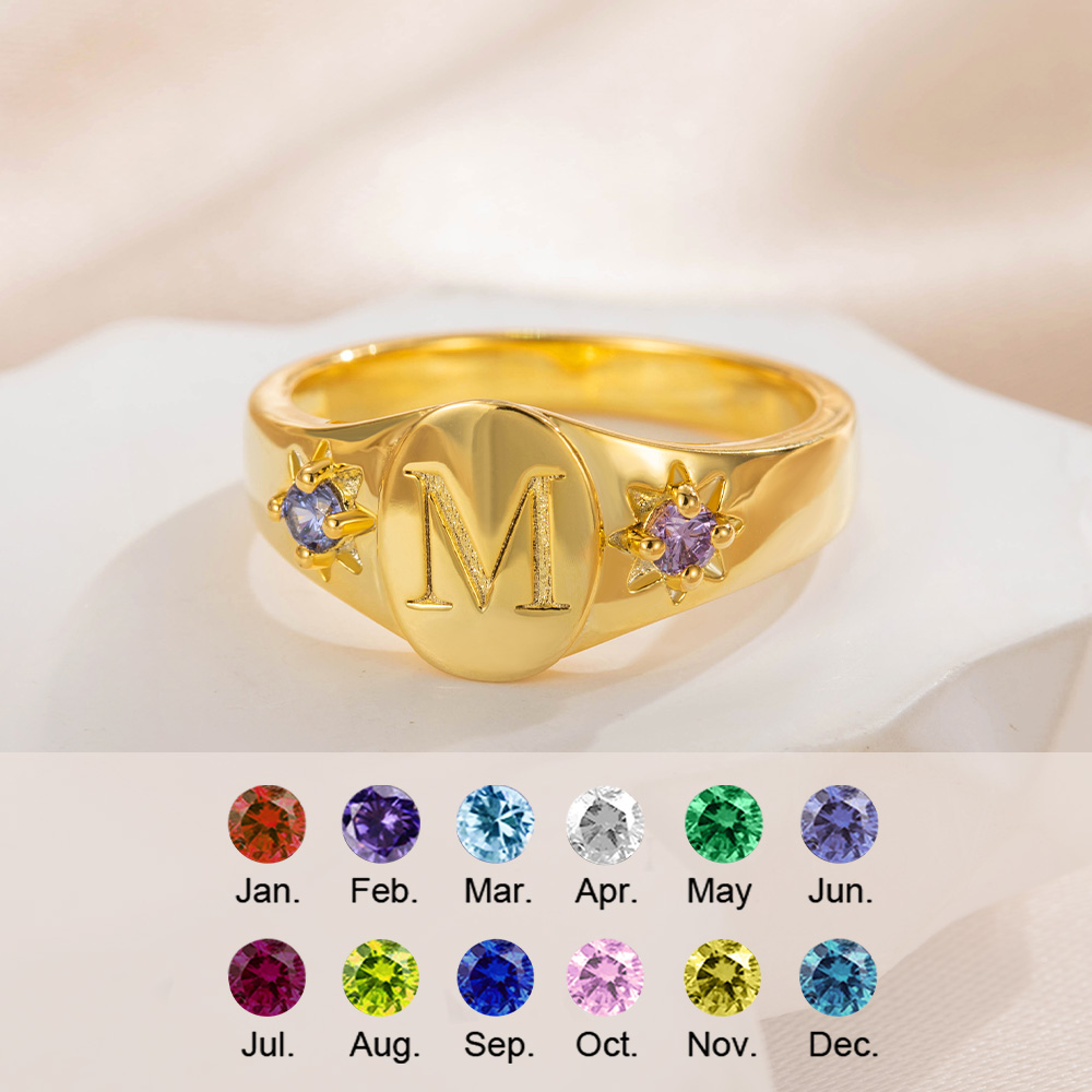 Personalised Sterling Silver Two Birthstones Signet Elegant Dainty Ring ...