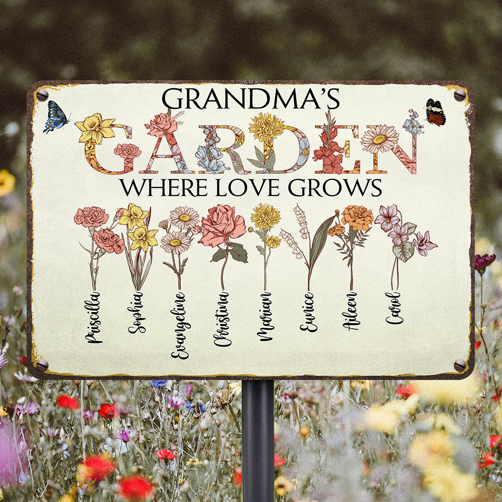 Personalized Birth Flower Metal Sign Where Love Grows Gift for Grandma ...