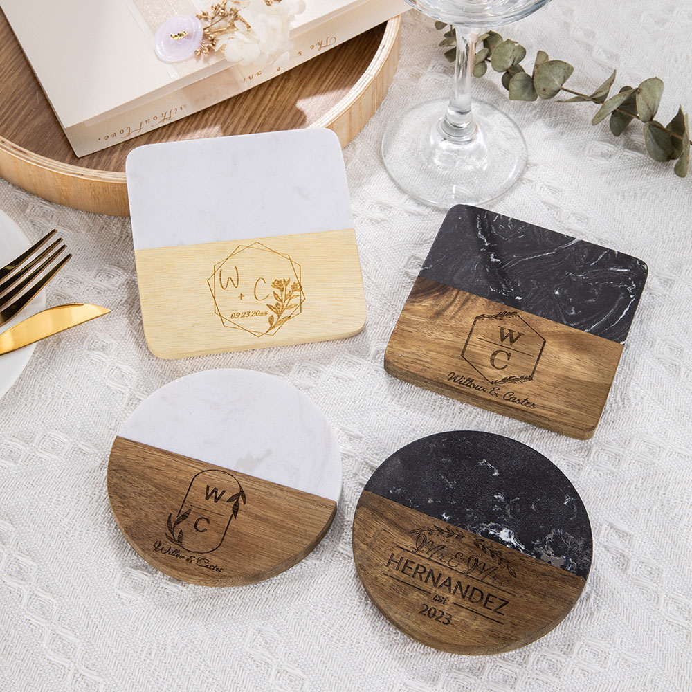 Personalized Engraved Marble and Wood Wedding Coaster for Couple Bridal ...