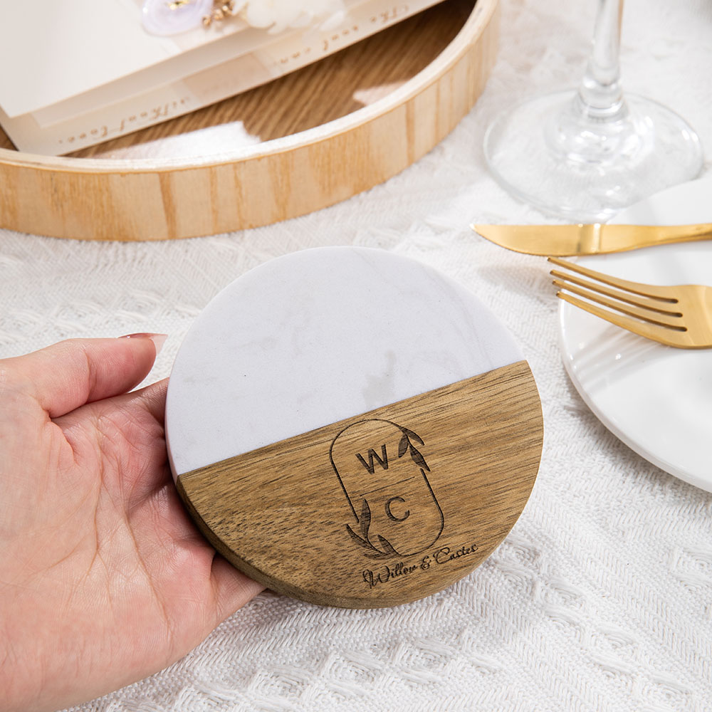 Personalized Engraved Marble and Wood Wedding Coaster for Couple Bridal ...