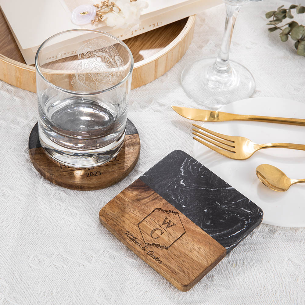 Personalized Engraved Marble and Wood Wedding Coaster for Couple Bridal ...
