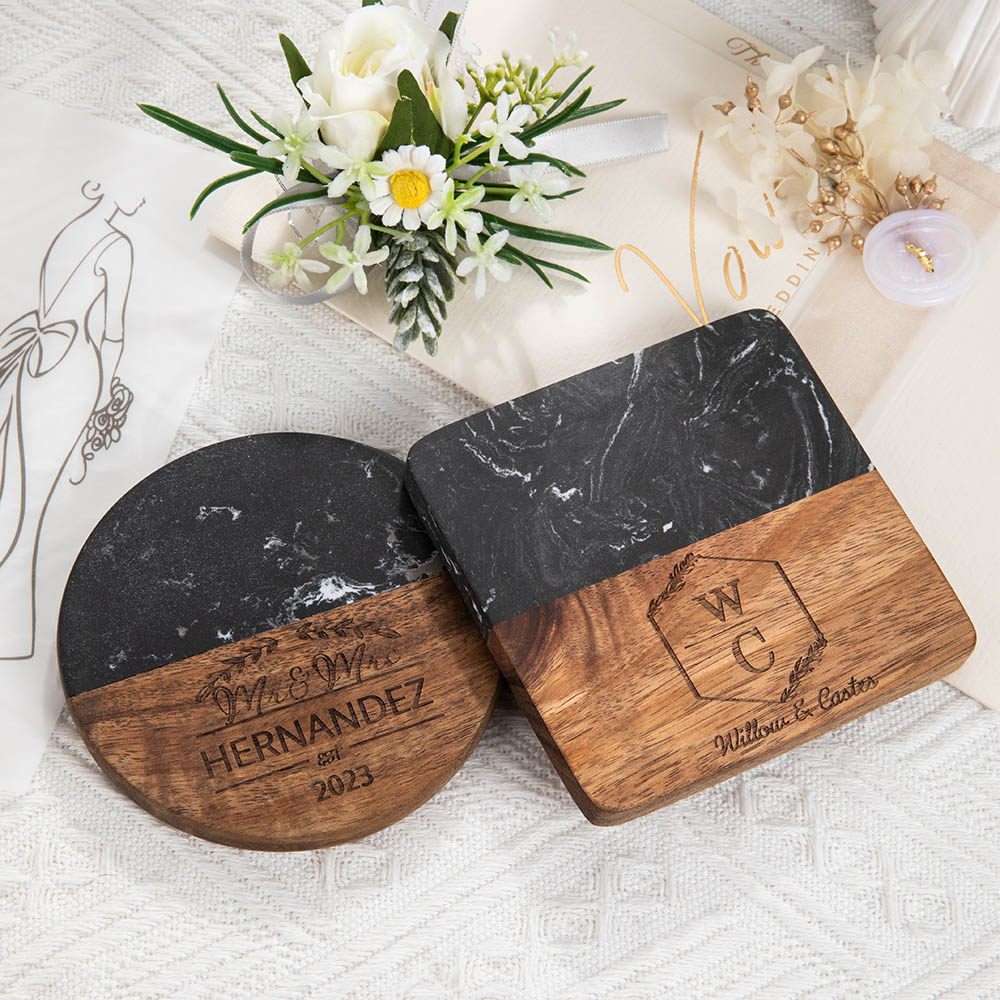 Personalized Engraved Marble and Wood Wedding Coaster for Couple Bridal ...