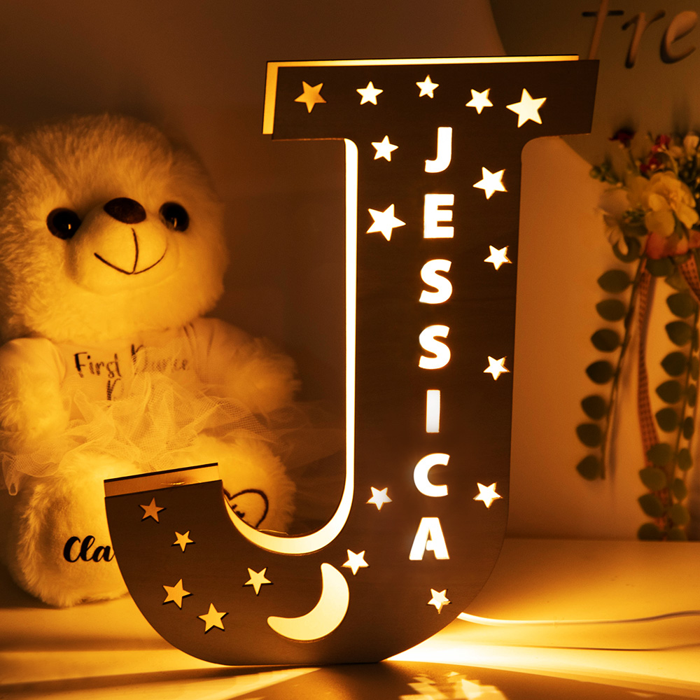 Personalized Initial Wood Night Light Moon and Stars Lamp with Engraved ...