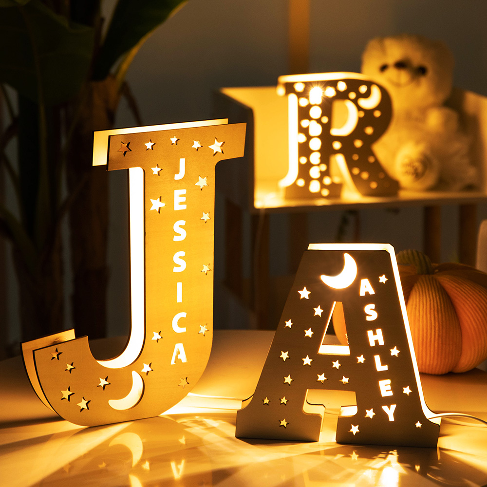 Personalized Initial Wood Night Light Moon and Stars Lamp with Engraved ...