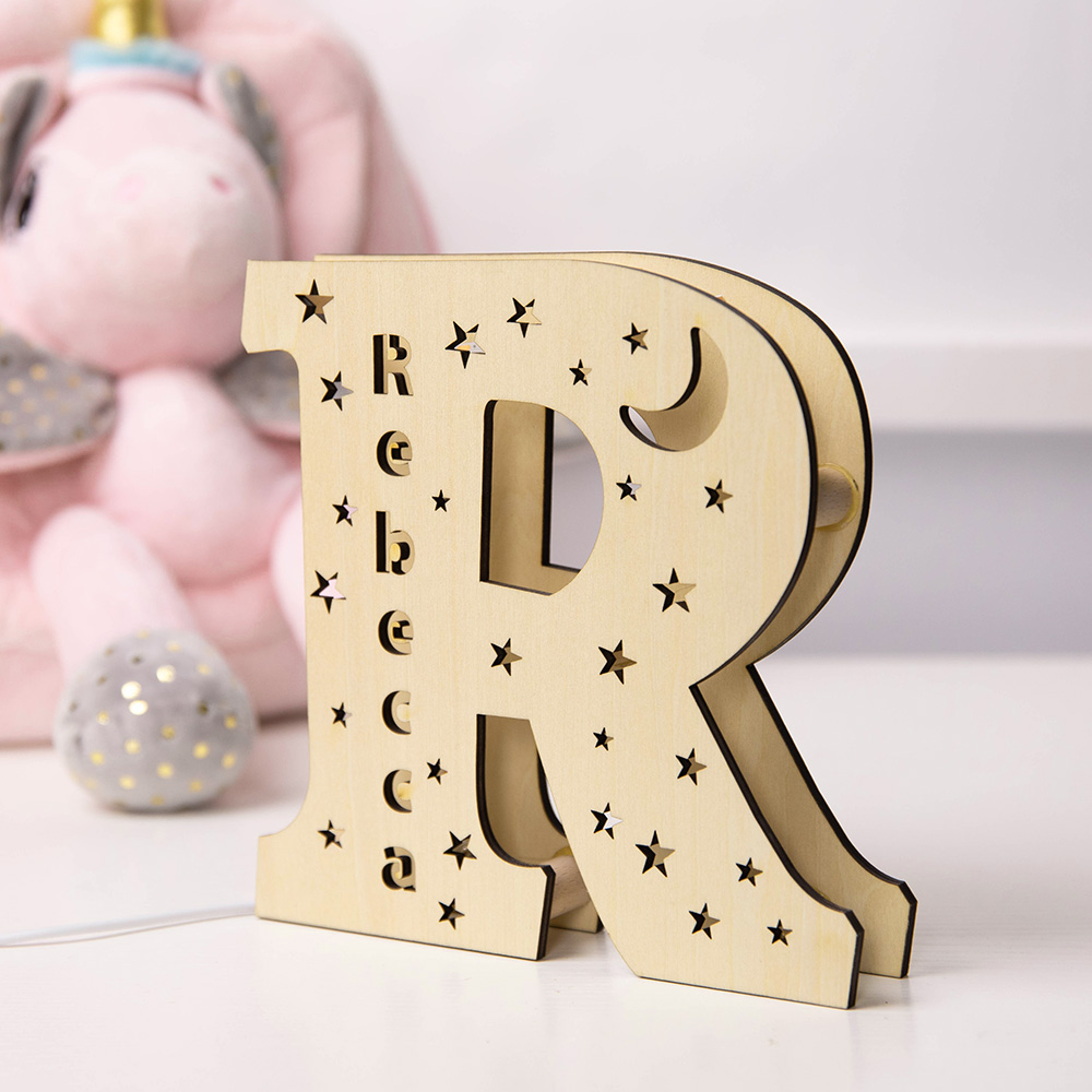 Personalized Initial Wood Night Light Moon and Stars Lamp with Engraved ...