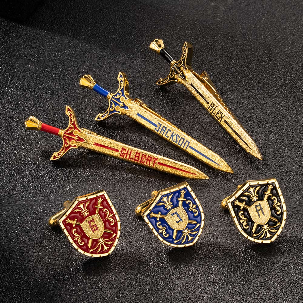 Personalized Knight Style Cufflinks and Tie Clip Set Brass Vintage Suit ...