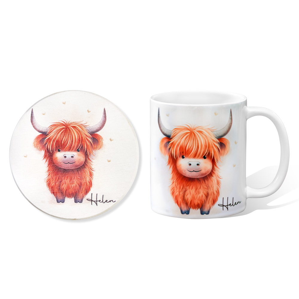 Personalized 11oz Highland Cow Ceramic Mug with Matching Coaster ...