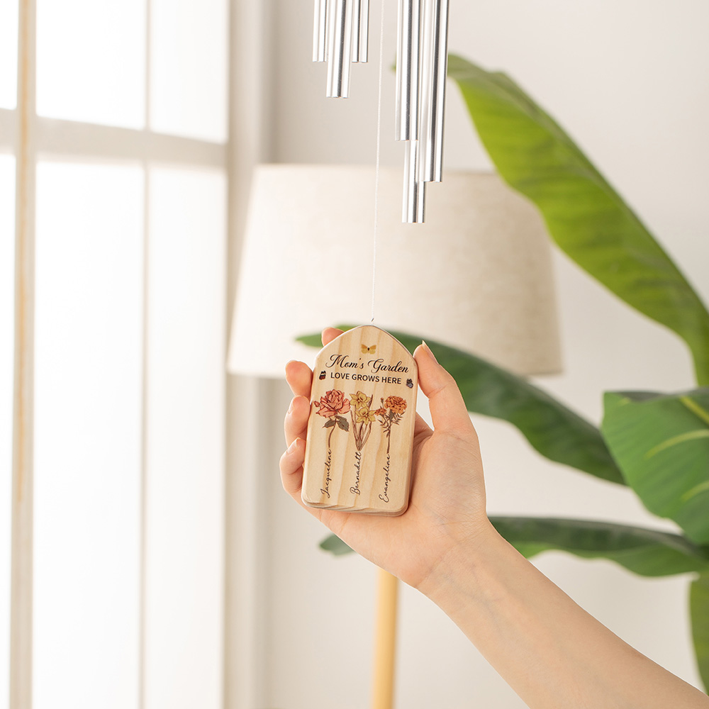 Personalized Vintage Birth Flower Wind Chime with Wood Plate Floral ...