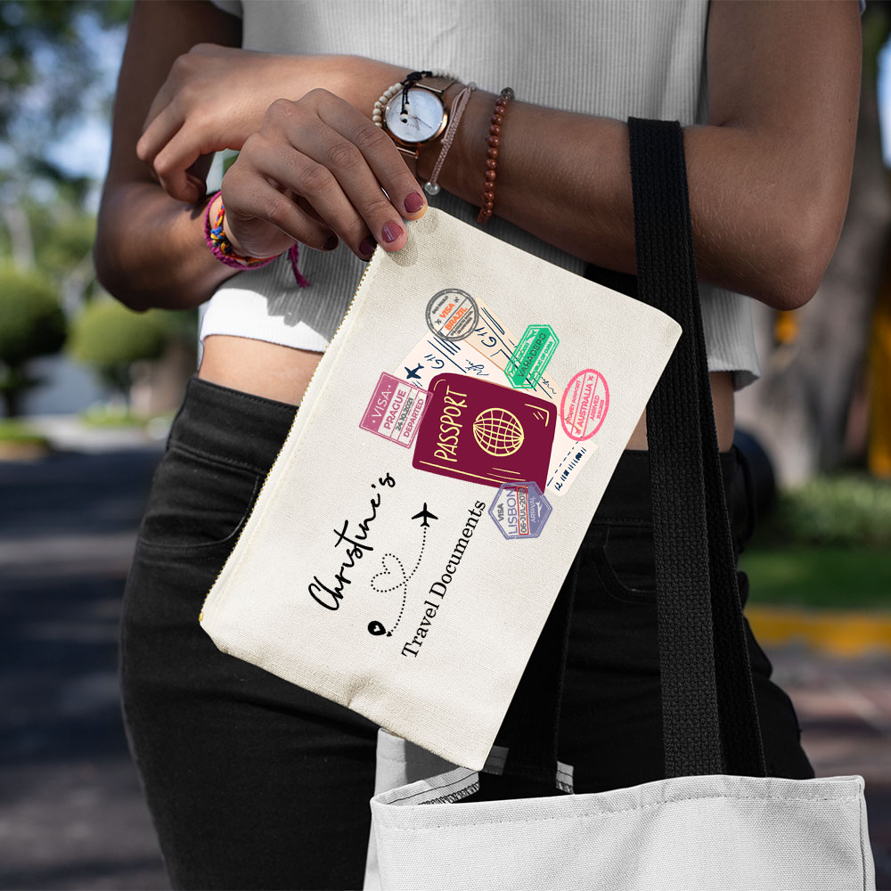 Personalized Colorful Travel Document Holder Cotton Zip Pouch with Name ...