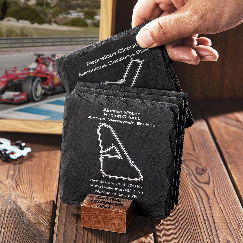 Personalized Racing Car Circuit Race Track Engraved Slate Coaster Set ...