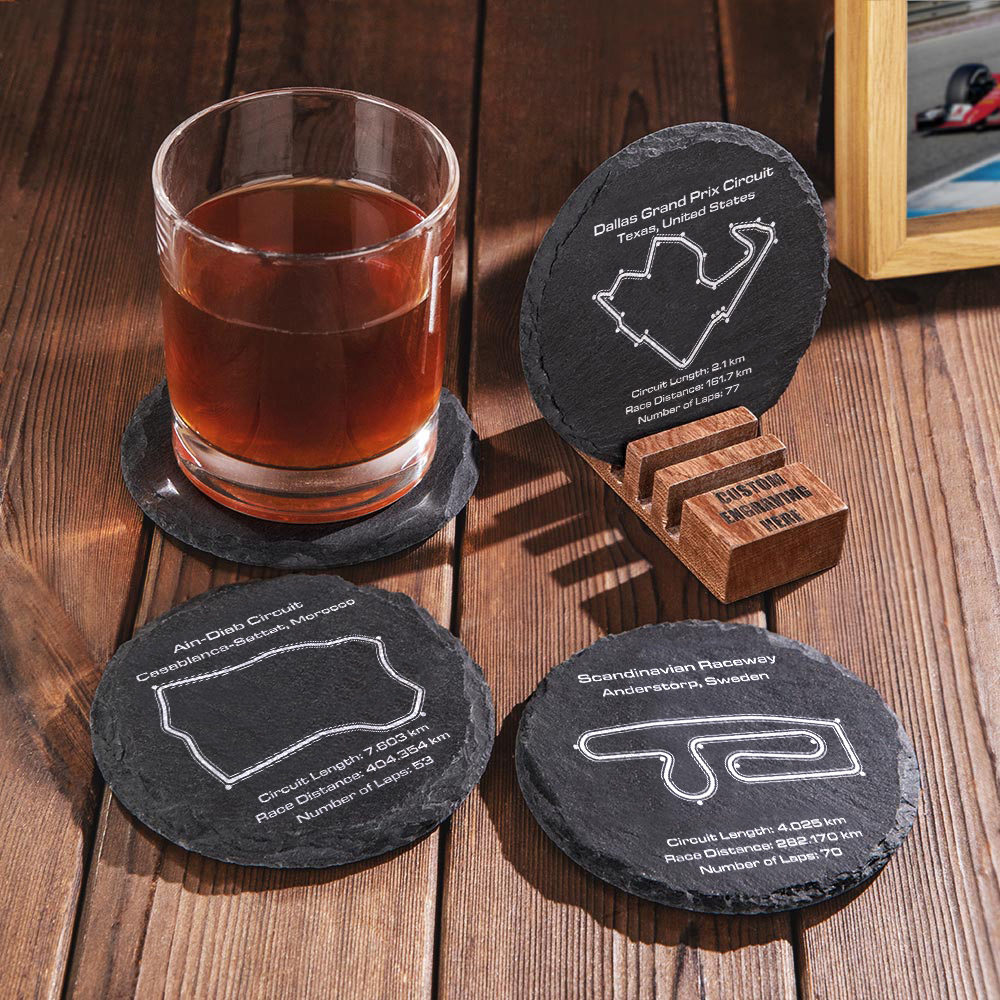 Personalized Racing Car Circuit Race Track Engraved Slate Coaster Set ...