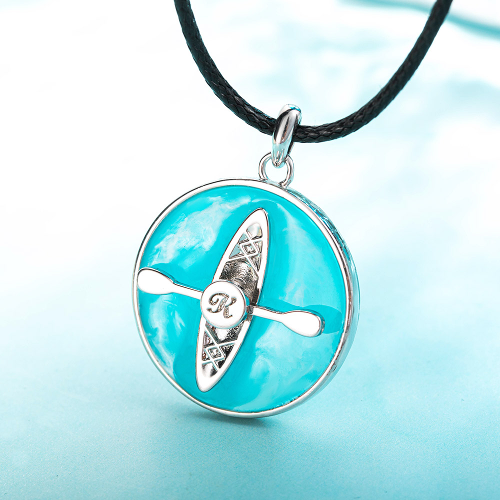 Personalized Kayak Blue Lake Round Resin Necklace with Rotate Paddle ...