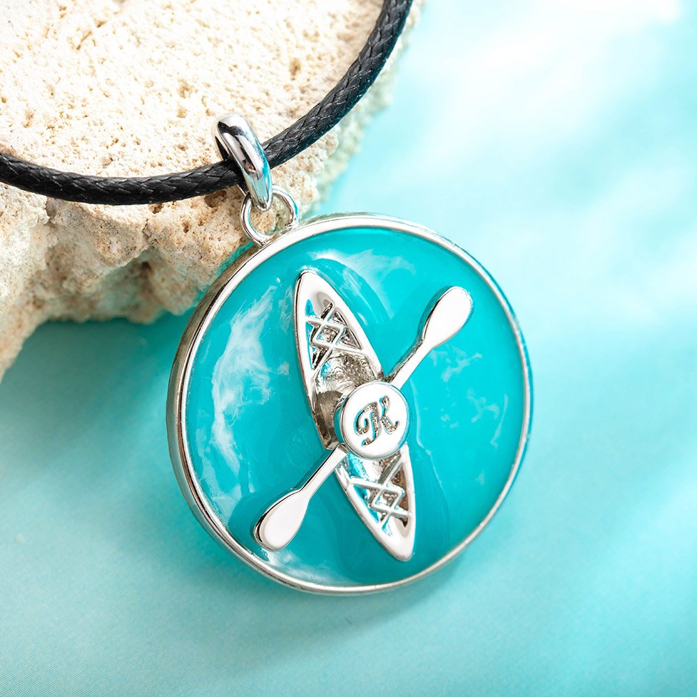 Personalized Kayak Blue Lake Round Resin Necklace with Rotate Paddle ...
