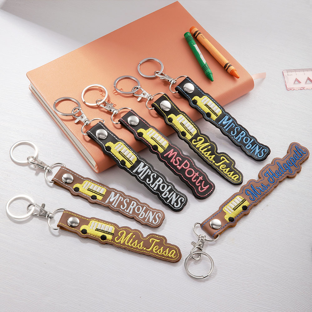 Personalized Leather Cartoon Bus Driver Keychain with Embroidered Name ...