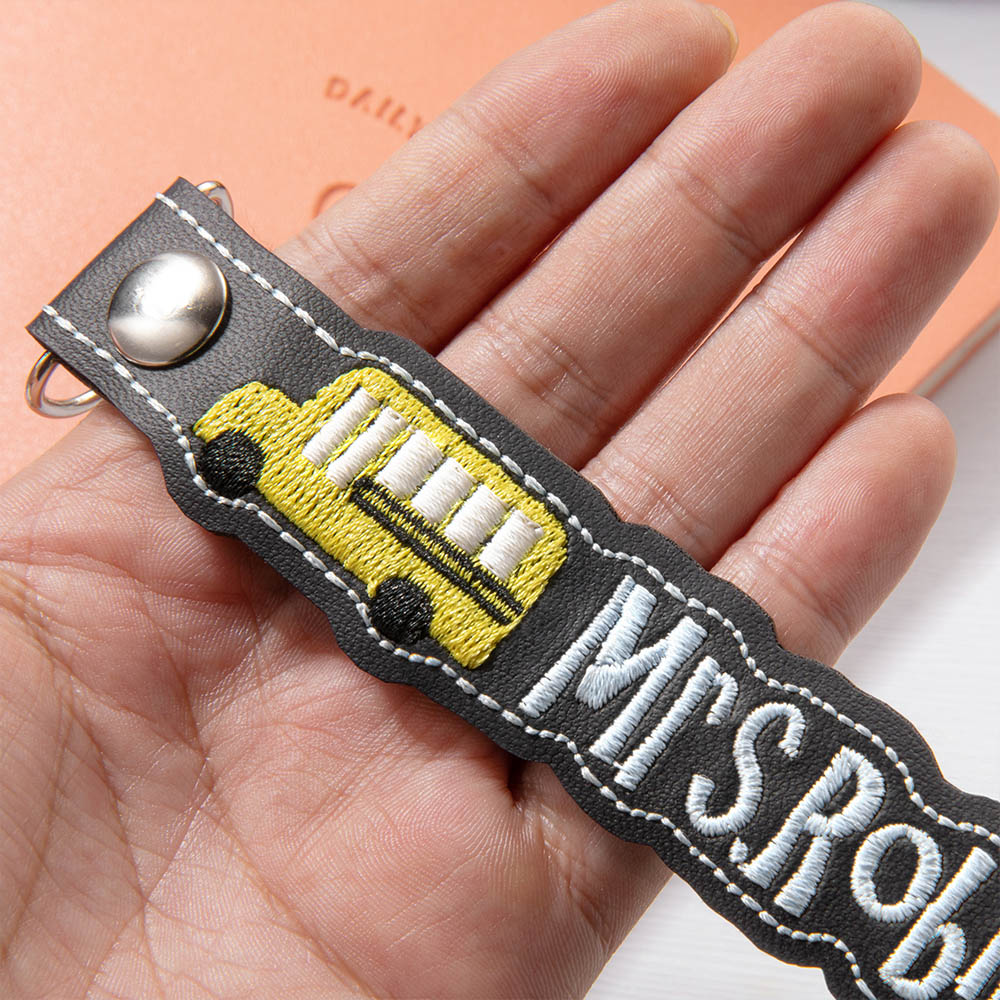 Personalized Leather Cartoon Bus Driver Keychain with Embroidered Name ...