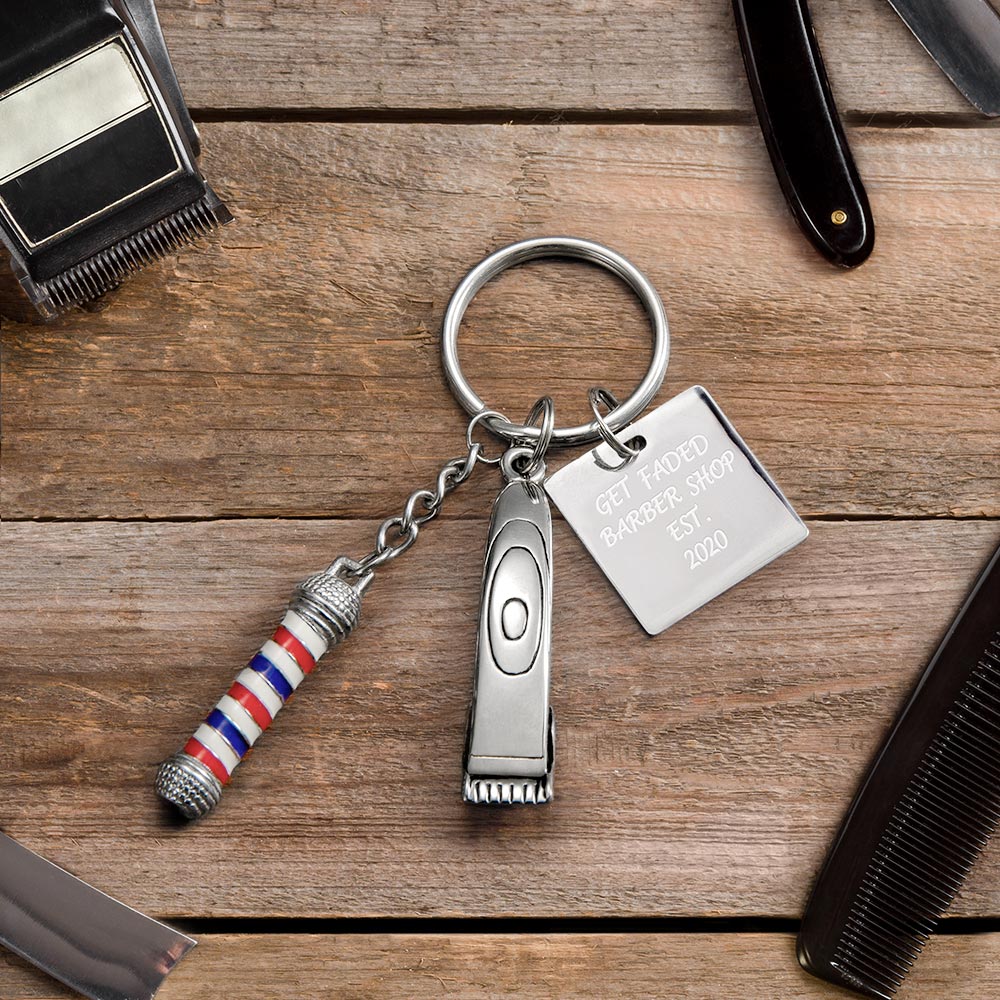Personalized Barber Shop Pole Lamp Keychain with Hair Clipper Charm ...