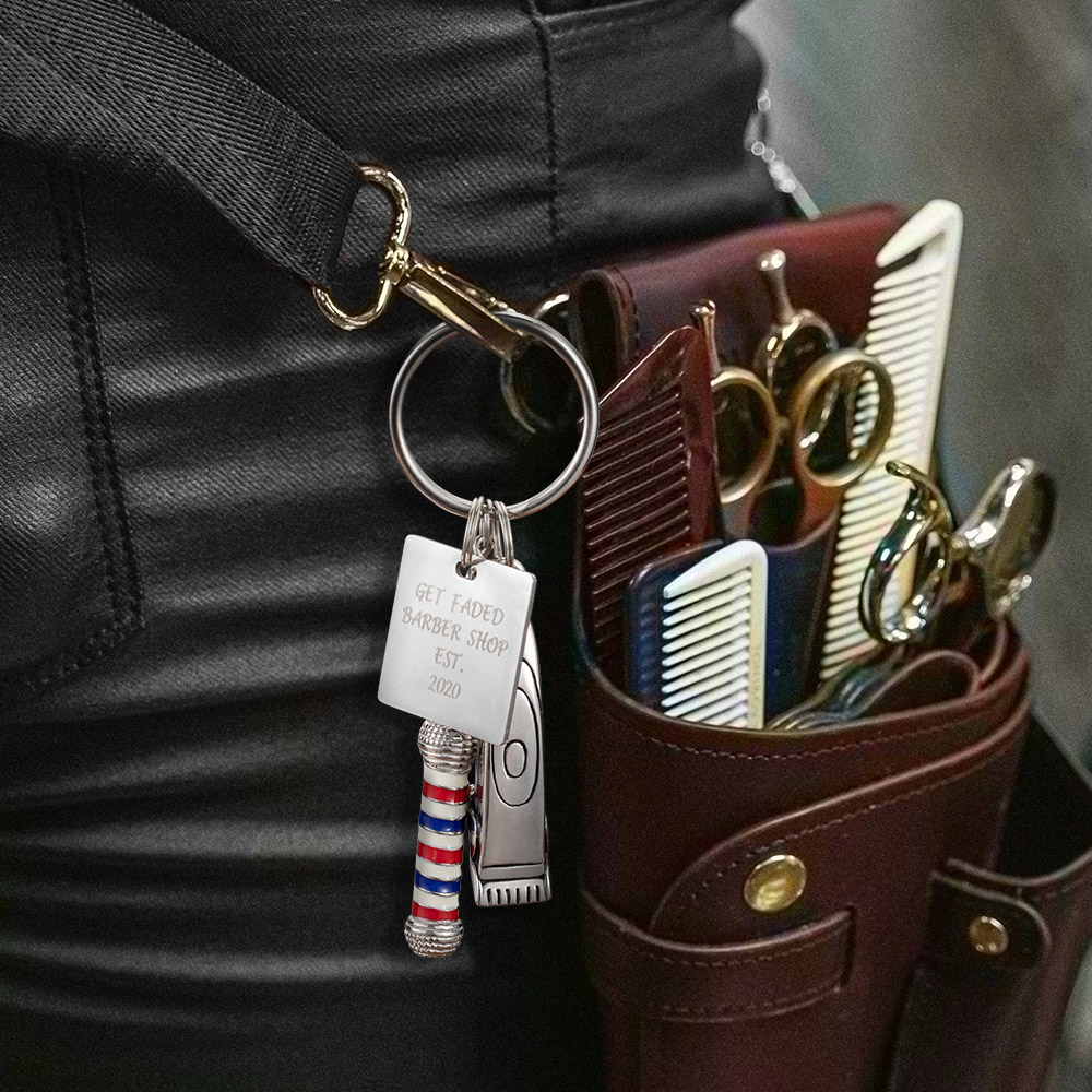 Personalized Barber Shop Pole Lamp Keychain with Hair Clipper Charm ...