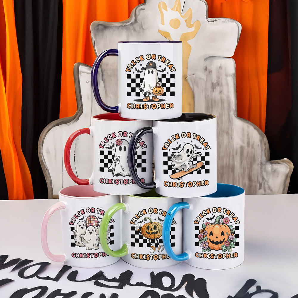 Personalized Happy Halloween Trick Or Treat Ghost Pumpkin Skeleton Mug ...