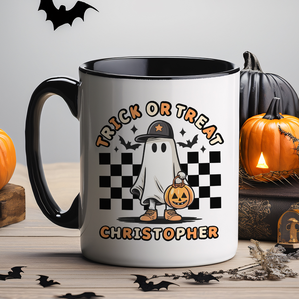 Personalized Happy Halloween Trick Or Treat Ghost Pumpkin Skeleton Mug ...