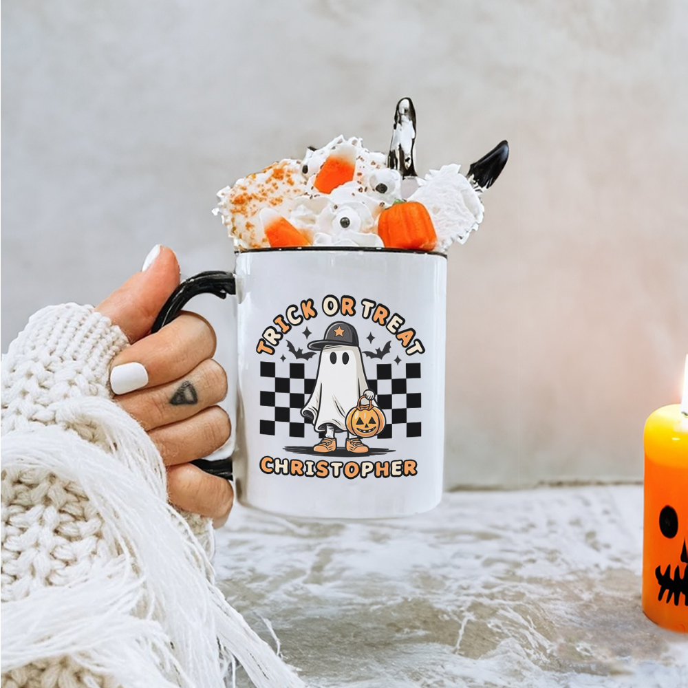Personalized Happy Halloween Trick Or Treat Ghost Pumpkin Skeleton Mug ...