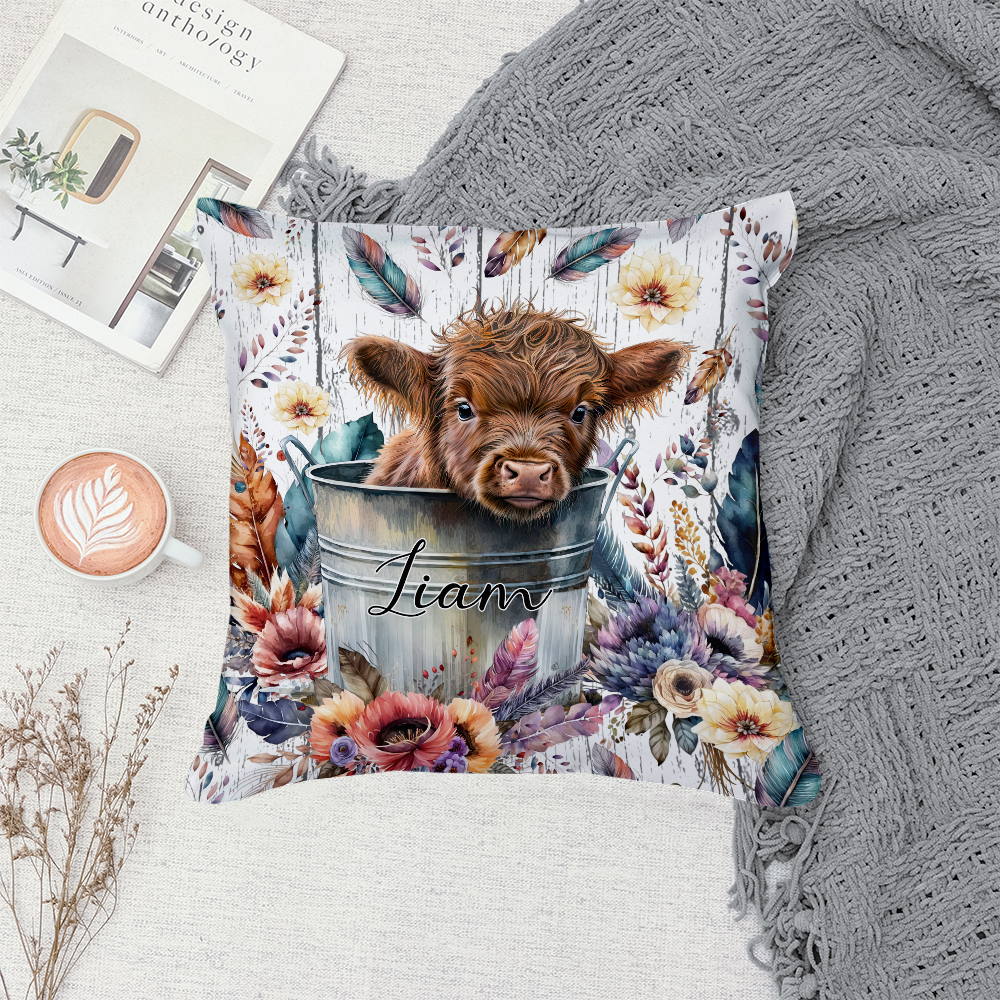 Personalized Pillow Cover Baby Highland Cow in a Bucket - CALLIE