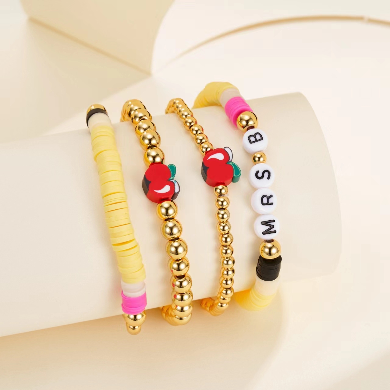 Personalized Pencil Apple Clay Bead Stretch Bracelet Creative Stackable ...