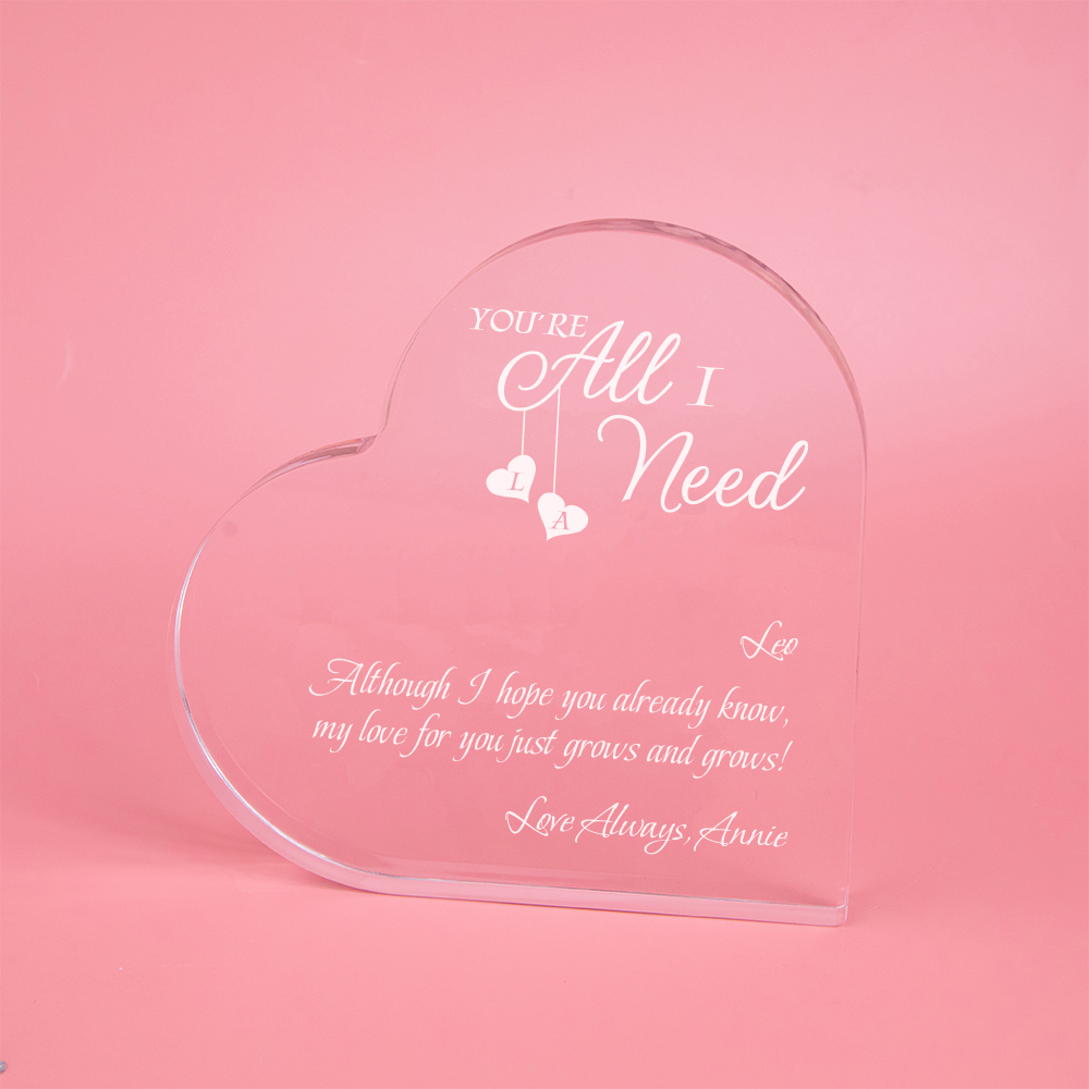 Personalized You're All I Need Acrylic Heart Plaque Romantic Home Decor ...