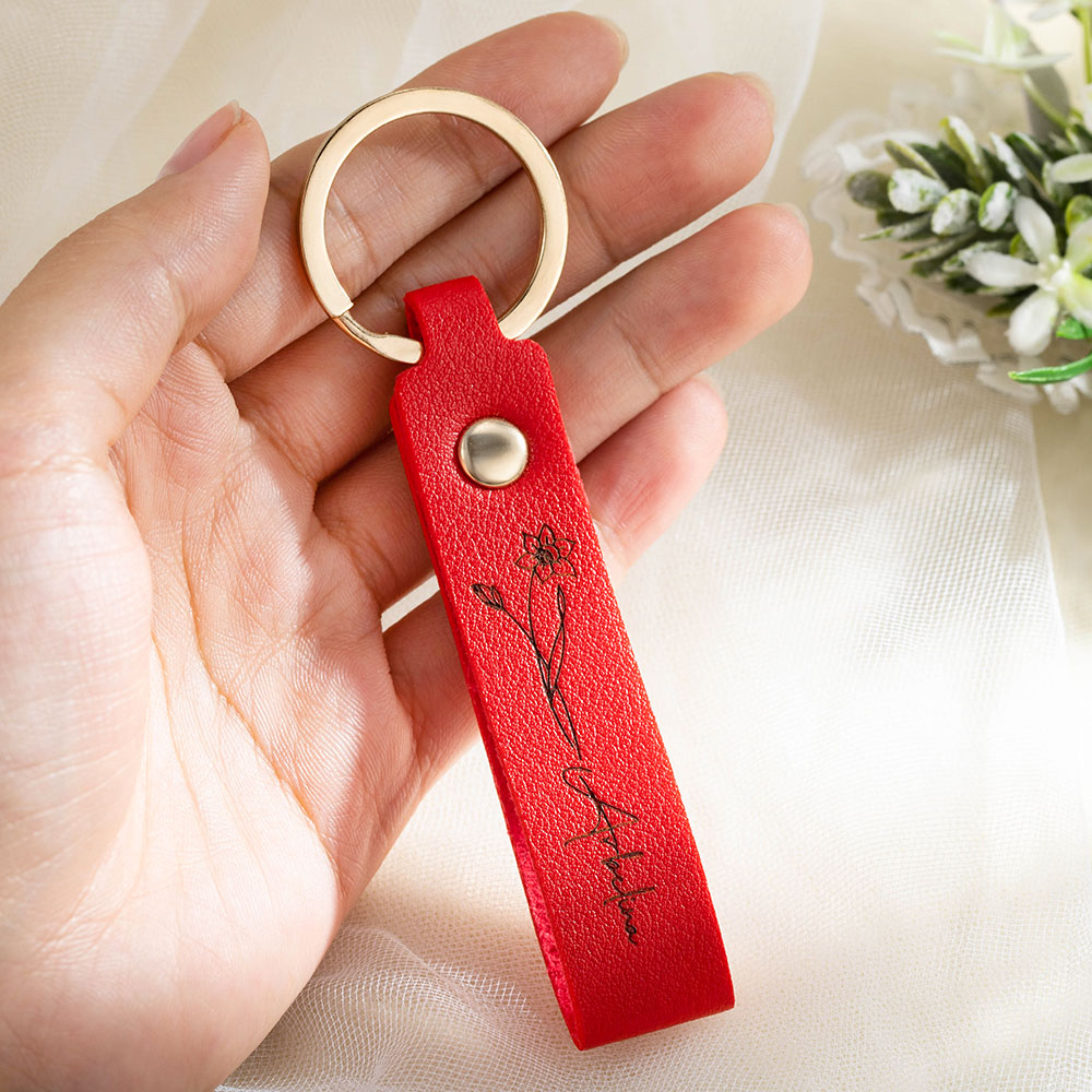 Personalized Birth Flower PU Leather Keychain with Engraved Name ...