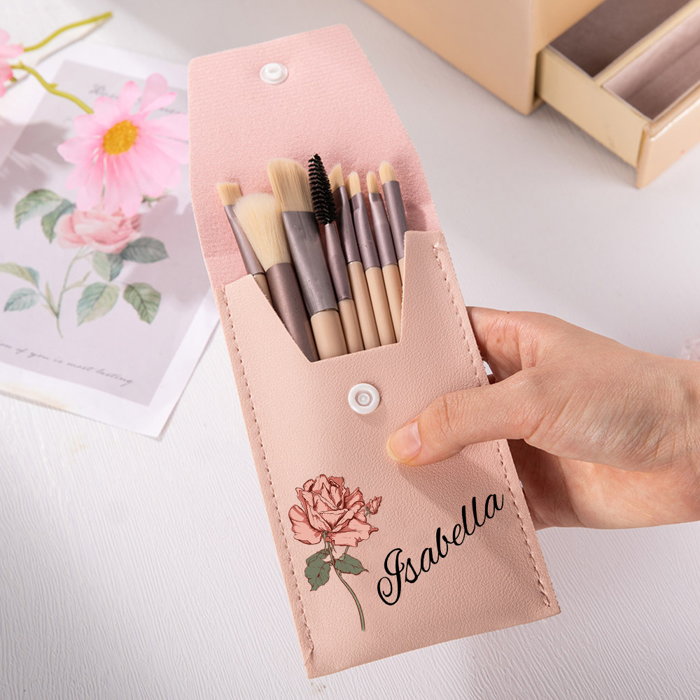 Personalized Watercolor Birth Flower Makeup Brush Bag with 8 Pcs Makeup ...