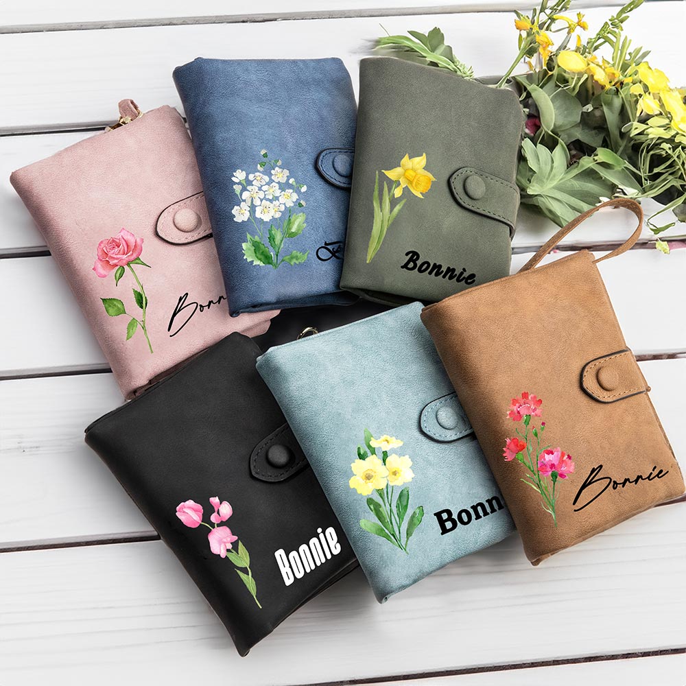 Personalized Tri-Fold Watercolor Birth Flower PU Leather Wallet with ...