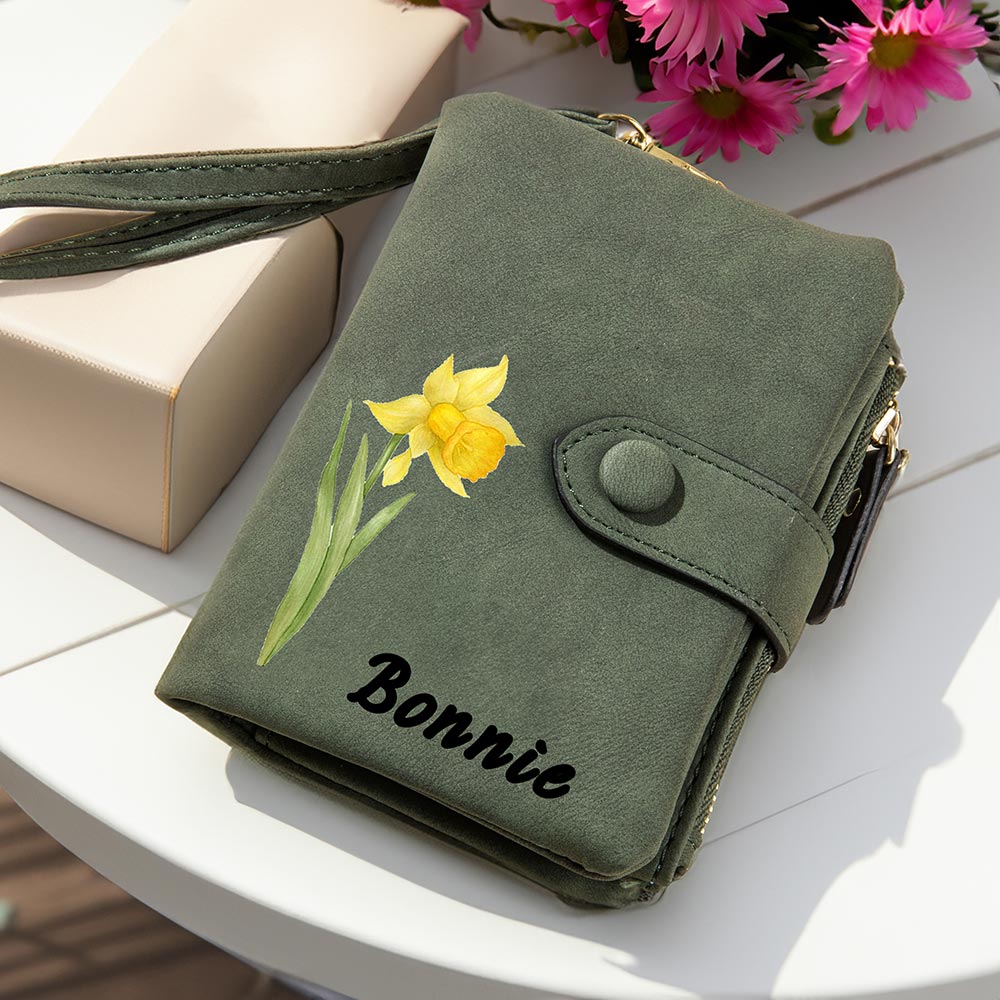 Personalized Tri-Fold Watercolor Birth Flower PU Leather Wallet with ...